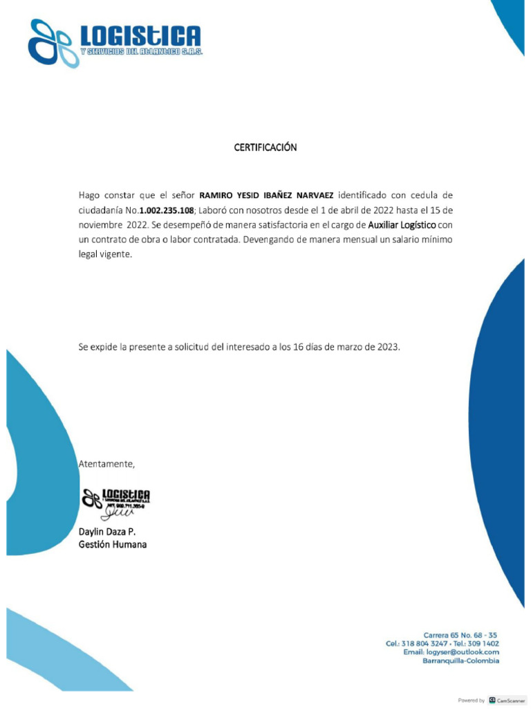 Carta Laboral Logistica Yesid Ibañez-2 | PDF