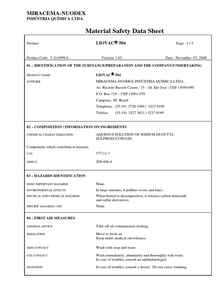 Liovac 504 (MSDS) | PDF | Personal Protective Equipment | Water