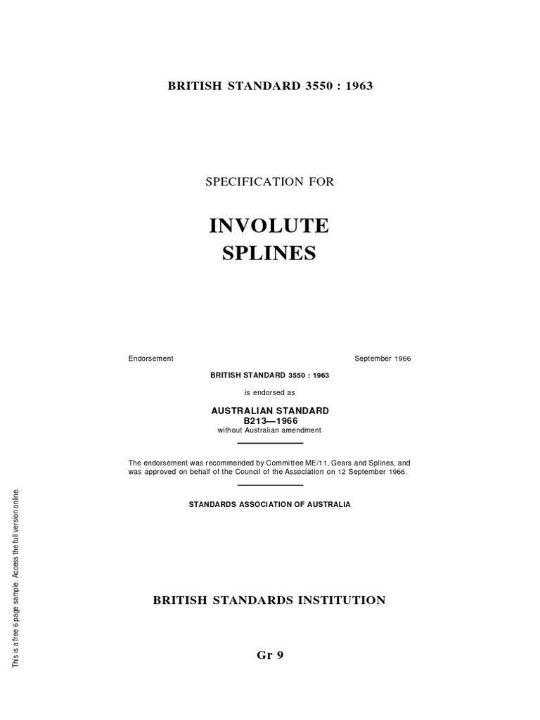 Involute Splines: British Standard 3550: 1963 | PDF | Engineering ...