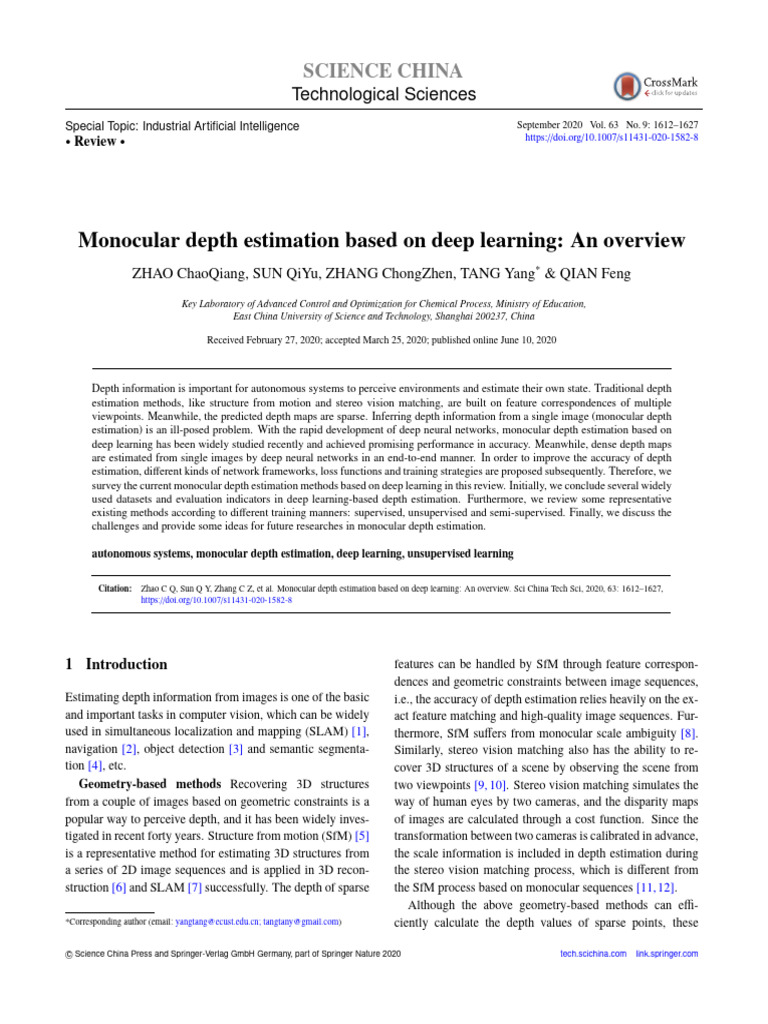 Monocular Depth Estimation Based On Deep Learning An Overview Pdf Deep Learning Computer