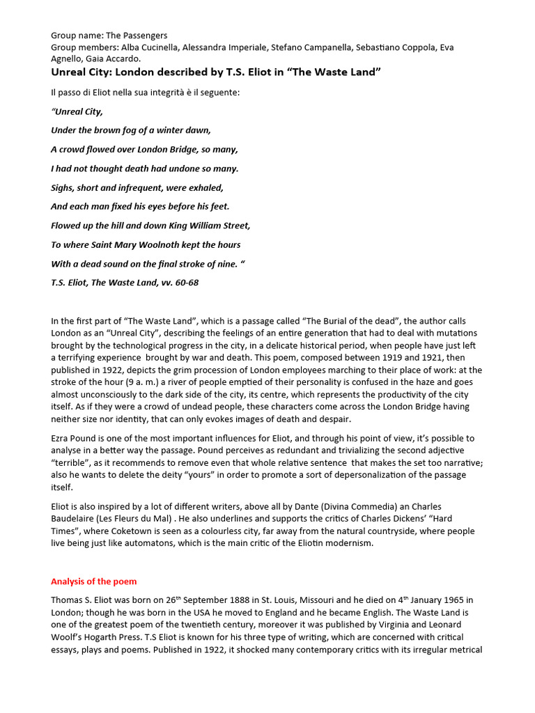 Analyzing "Unreal City" in The Waste Land | PDF | T. S. Eliot | Poetry