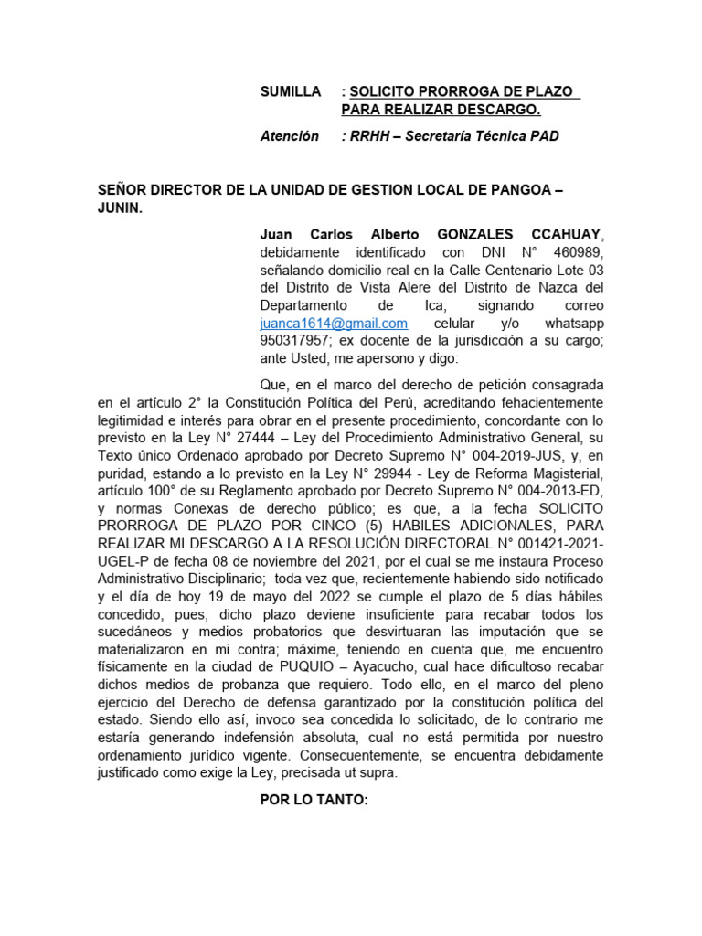 Solicitud Ampliación de Plazo ST PAD | PDF | Ciencias Políticas | Gobernancia