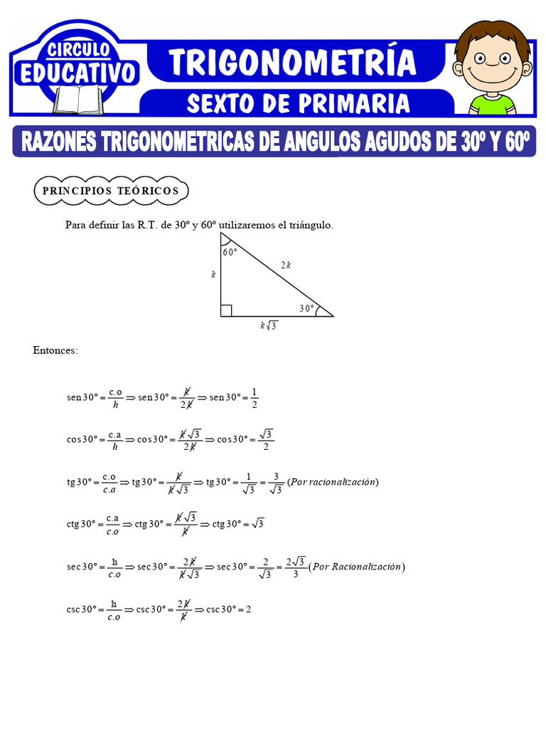 Razones Trigonometricas de Angulos Agudos de 60° y 30° para Sexto de ...