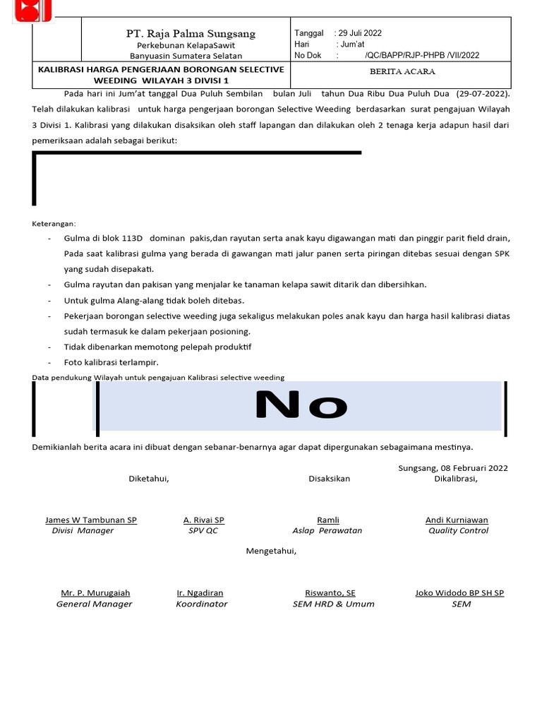 BAP Kalibrasi Harga Pengerjaan Selective Weeding | PDF