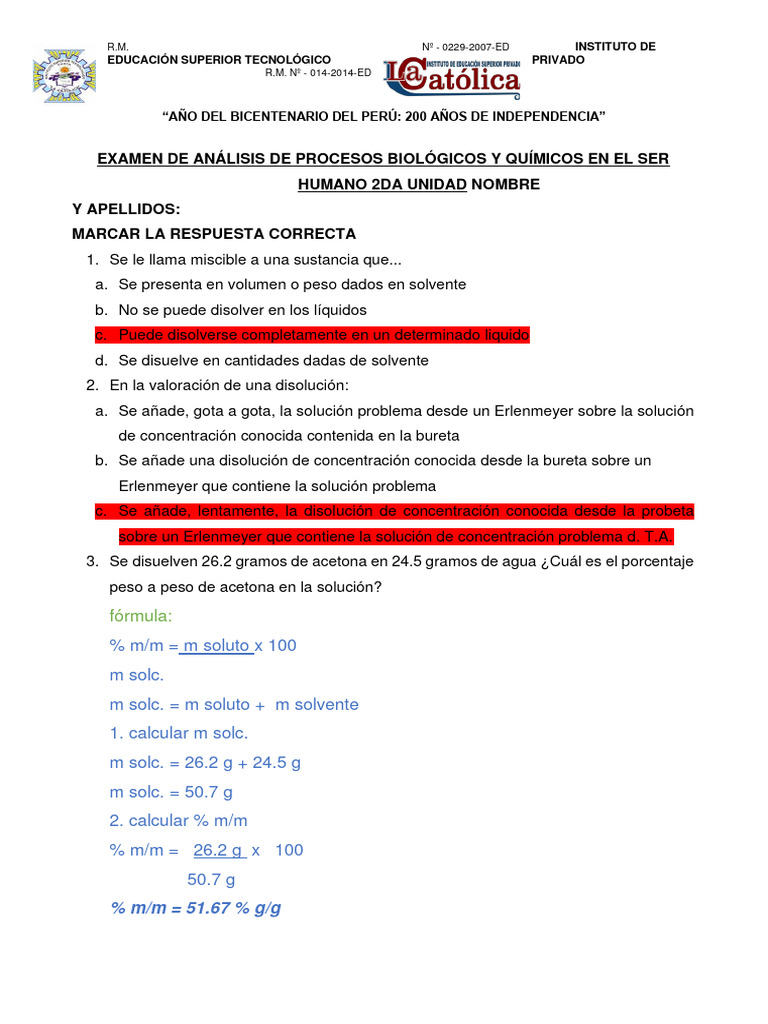 Examen de Procesos Biológicos y Químicos | PDF | Concentración ...