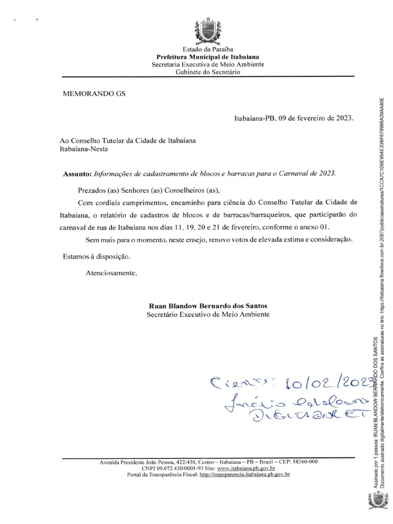 Ofício Conselho Tutelar - Itabaiana-Pb | PDF