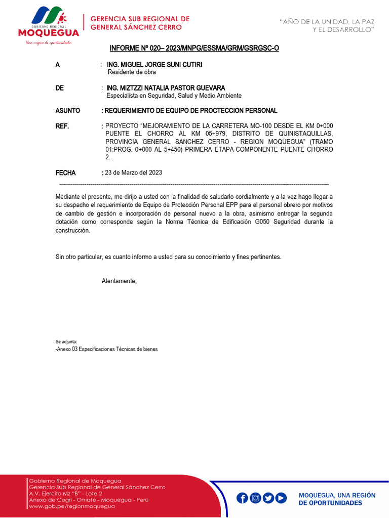 INFORME 020 REQUERImiento EPP OBRERO | PDF