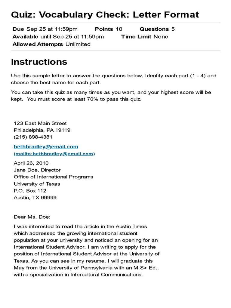 Quiz - Vocabulary Check - Letter Format - English For Career ...