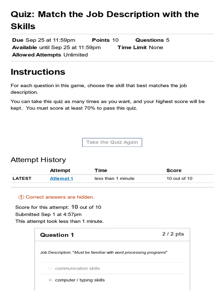 Quiz - Match The Job Description With The Skills - English For Career ...