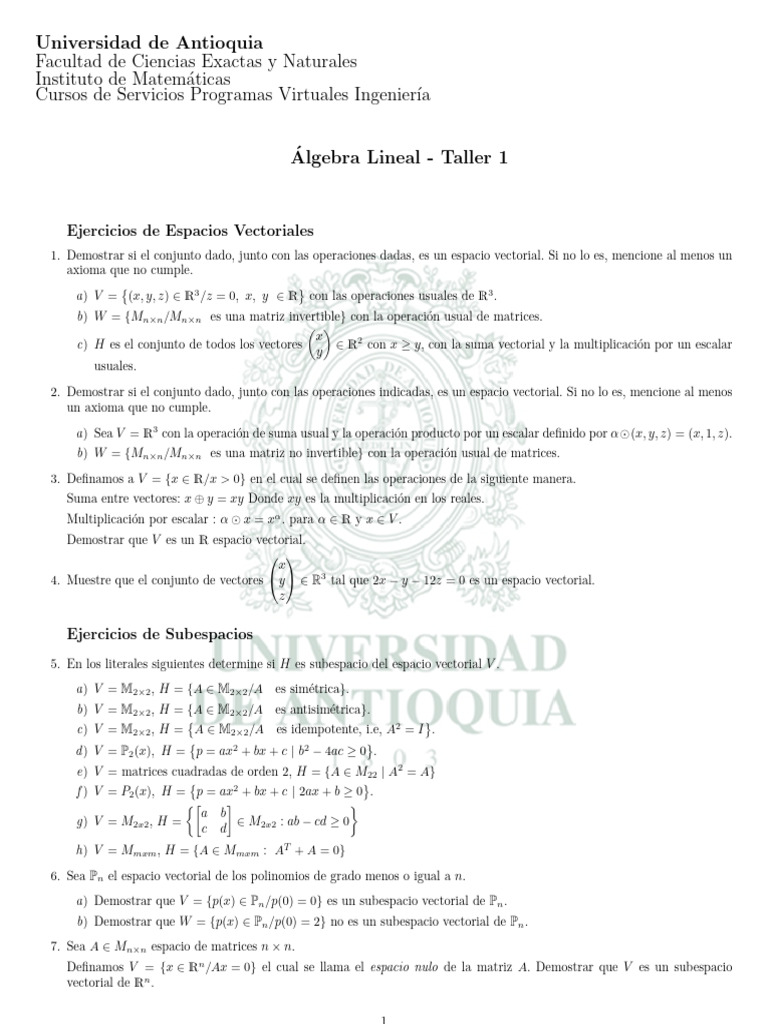 Taller1 Algebra Lineal UdeA Actualizado 2021 | PDF | Espacio vectorial | Vector Euclidiano