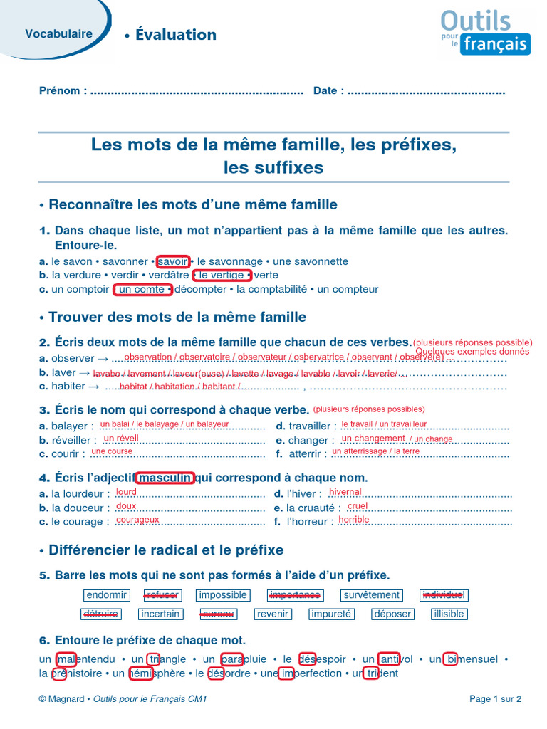 Évaluation préfixes et suffixes CM1/CM2 | PDF | Maison et jardin