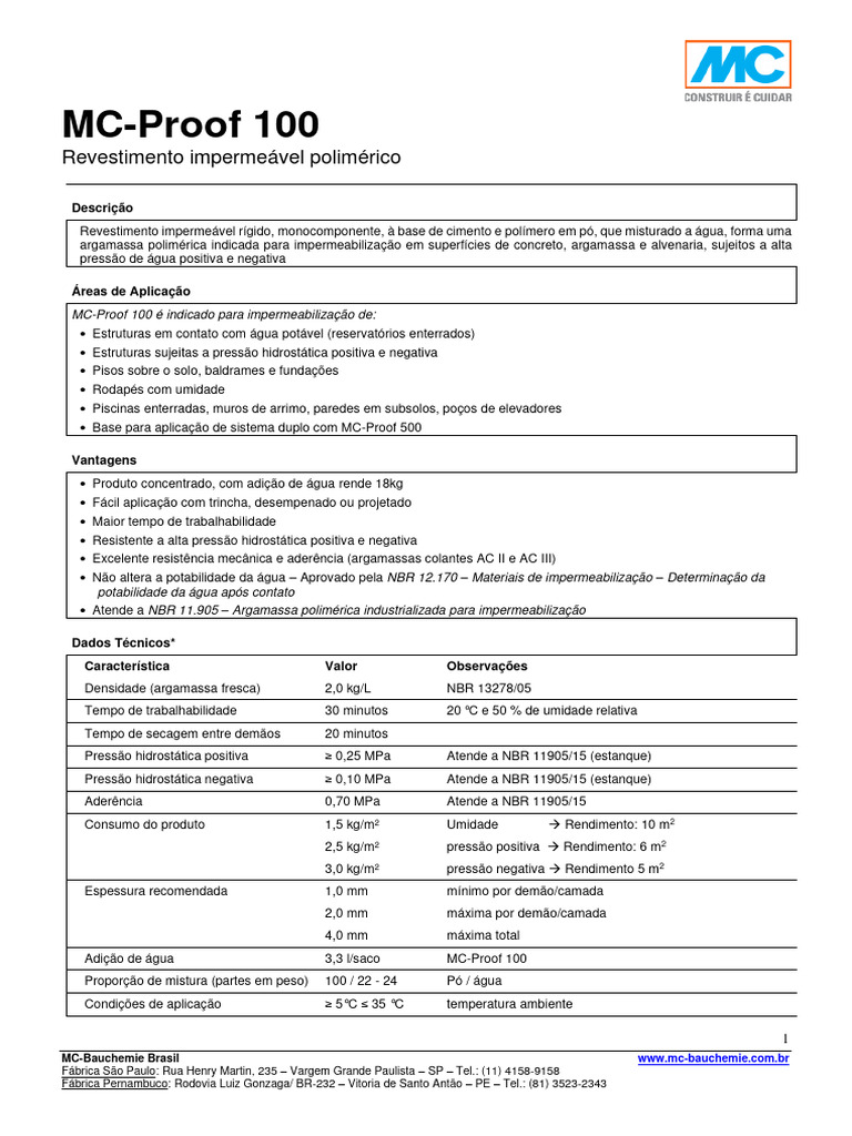 MC-Proof 100 | PDF | Argamassa (alvenaria) | Materiais