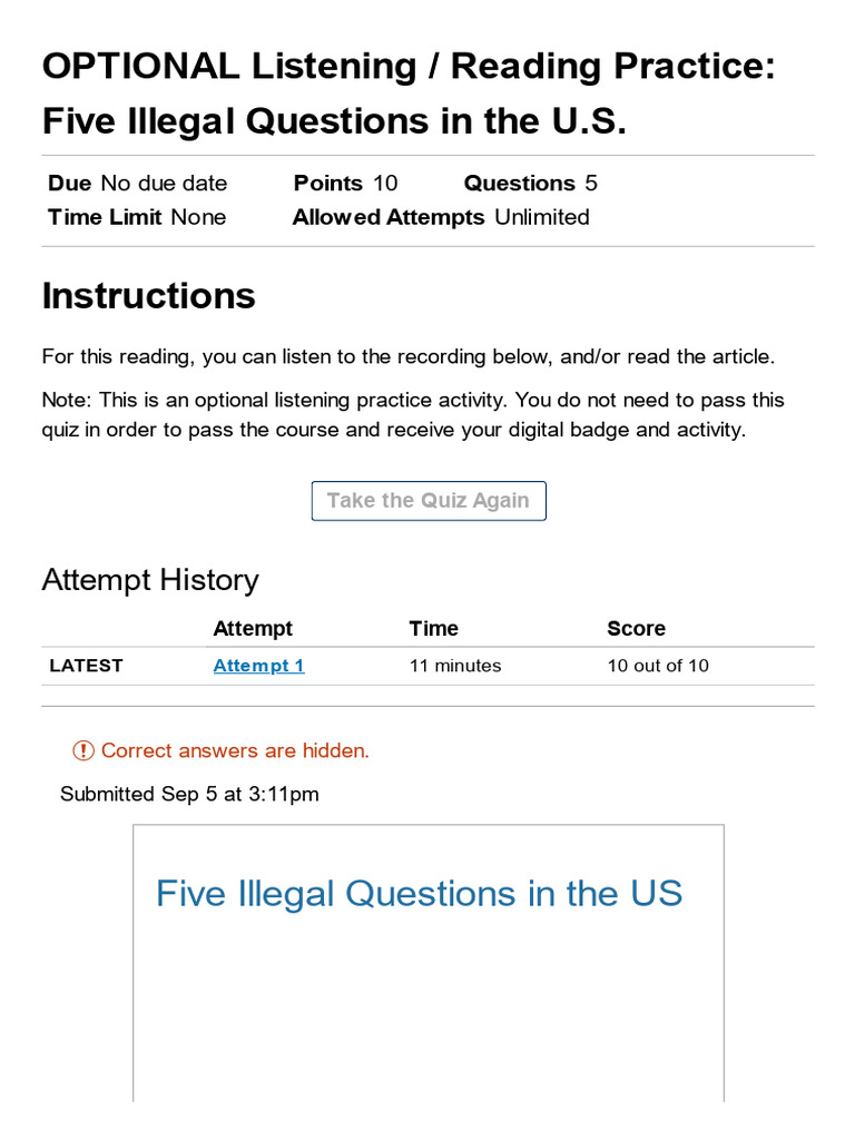 OPTIONAL Listening - Reading Practice - Five Illegal Questions in The U ...