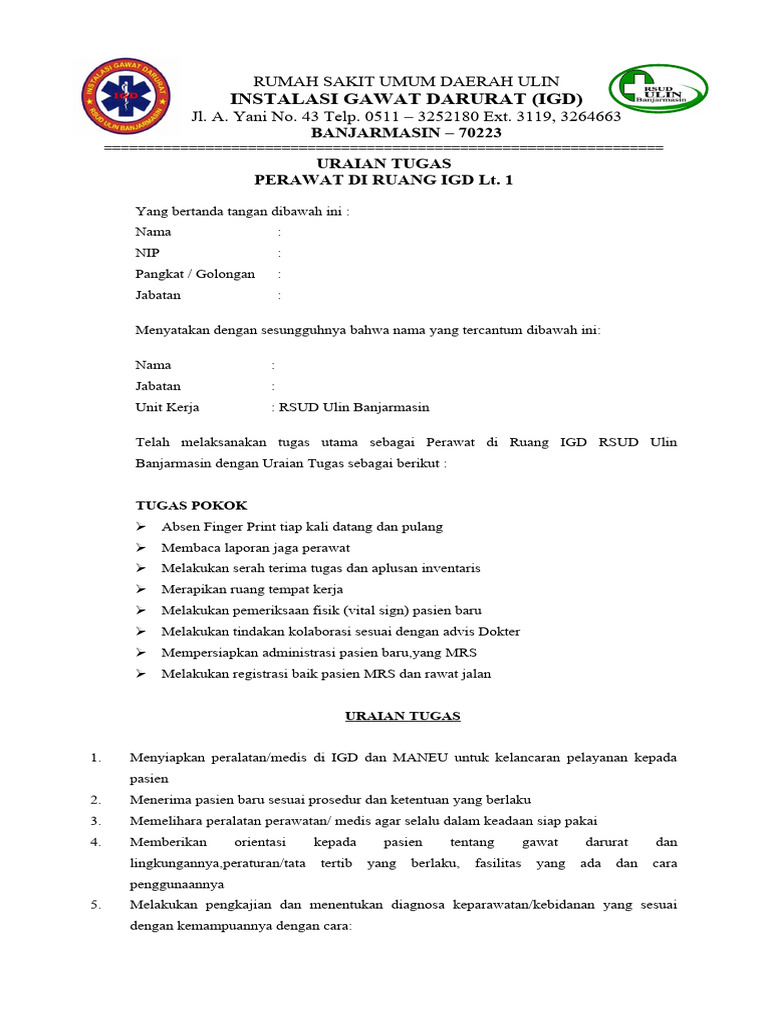 Uraian Tugas Perawat & Bidan Igd | PDF