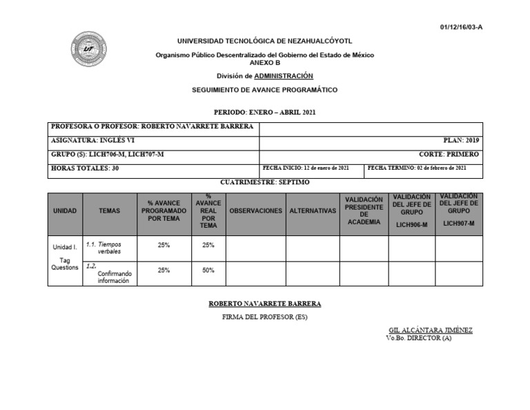 AVANCE PROGRAMÁTICO INGLÉS VI 2021-1 Primer Parcial | PDF