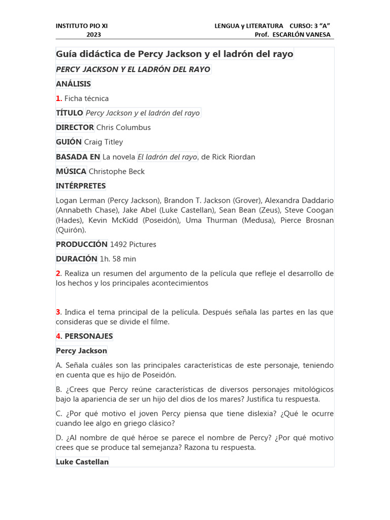 Guía didáctica de Percy Jackson | PDF | Ficción general