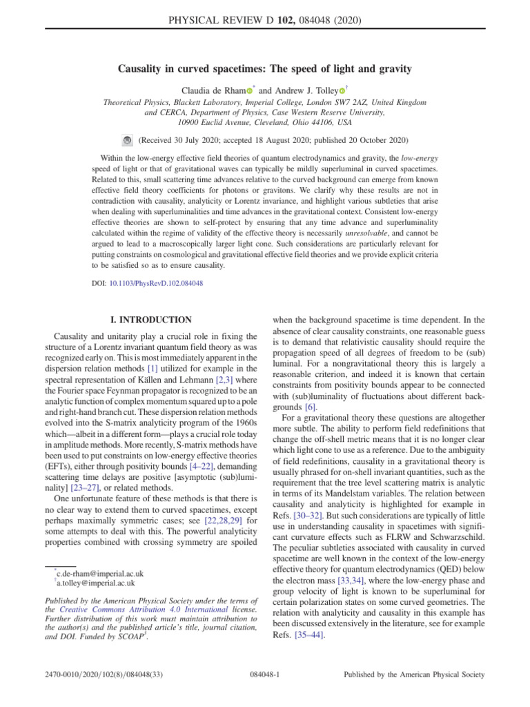 Causality in Curved Spacetimes: The Speed of Light and Gravity | PDF | General Relativity ...