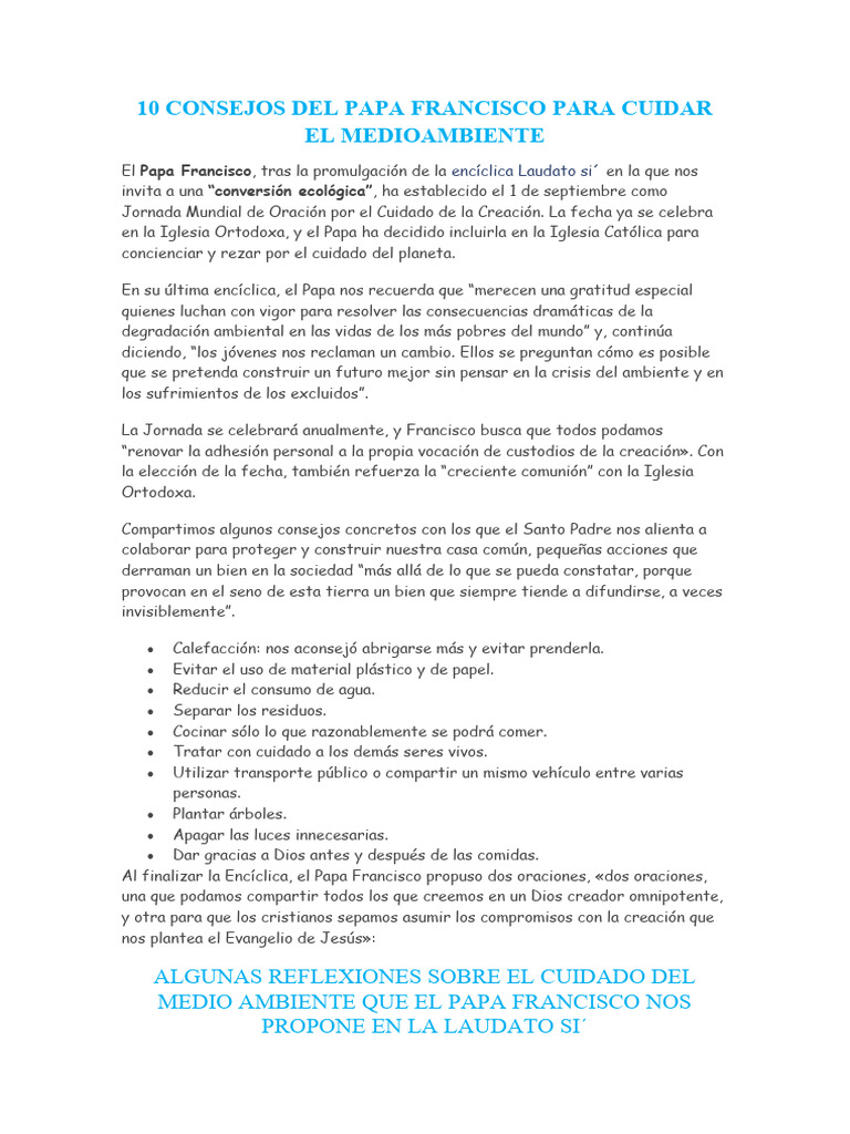 10 Consejos Del Papa Francisco para Cuidar El Medioambient1 | PDF | Francisco de Asís | Papa ...