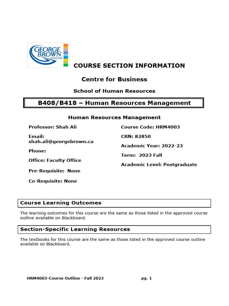 HRM4003-Course Outline - Fall 2023 | PDF | Employment | Human Resource ...
