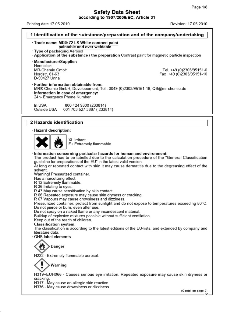MR 72 Ls GB Msds Aerosol White Contrast Paint | PDF | Dangerous Goods ...