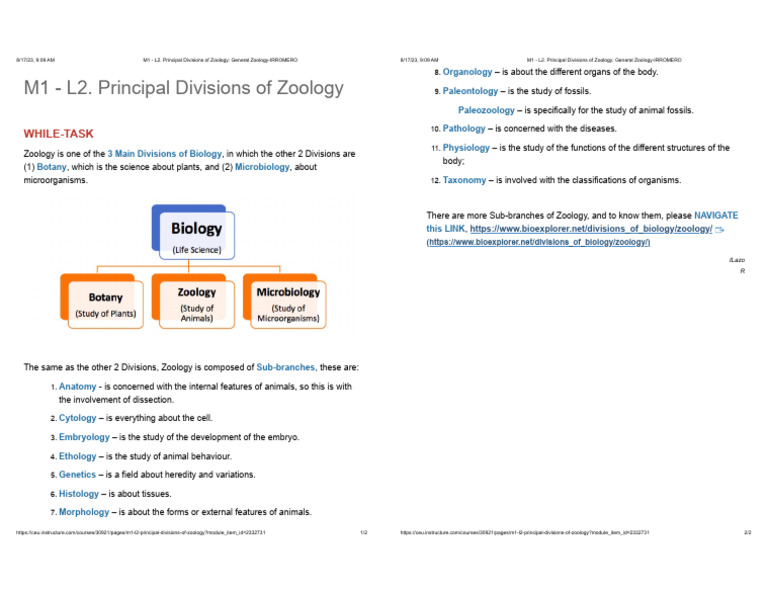 M1 - L2. Principal Divisions of Zoology | PDF | Zoology | Biology
