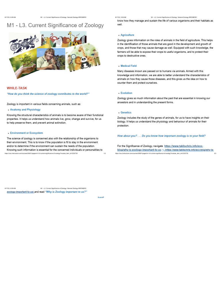 M1 - L3. Current Significance of Zoology | PDF | Zoology | Biology