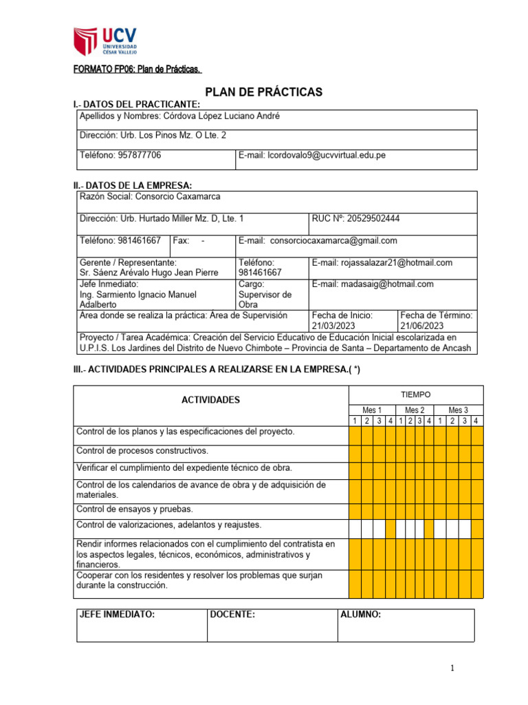 Formato FP06 - Plan de Practicas 01 | PDF
