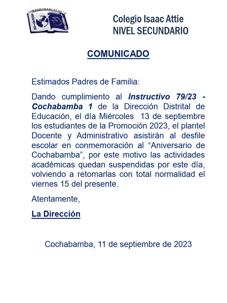 Comunicado Asistencia A Desfile Escolar 13 de Sept | PDF