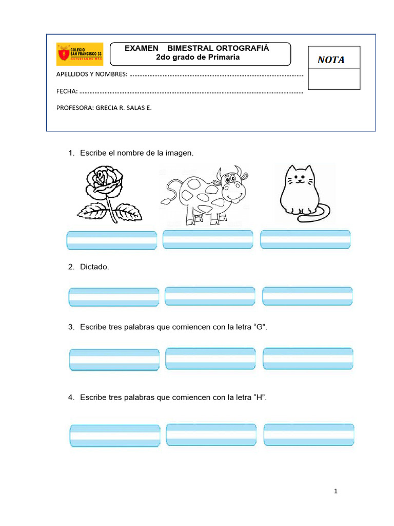 Examen Bimestral de Ortografía 2° Grado | PDF