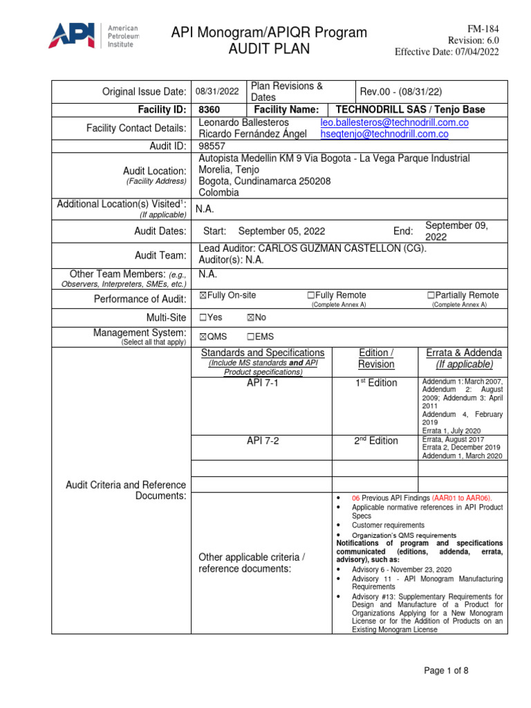 FM-184 Audit Plan Template Technodrill | PDF | Iso 9000 | Audit