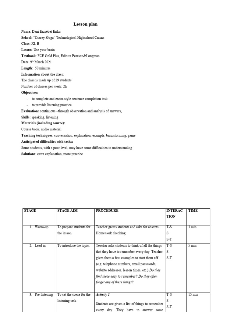 Lesson Plan 11 | Download Free PDF | Lesson Plan | Cognition