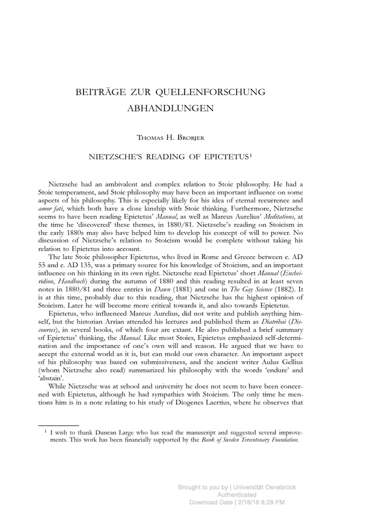 Thomas H. Brobjer - Nietzsche's Reading of Epictetus | PDF | Stoicism ...