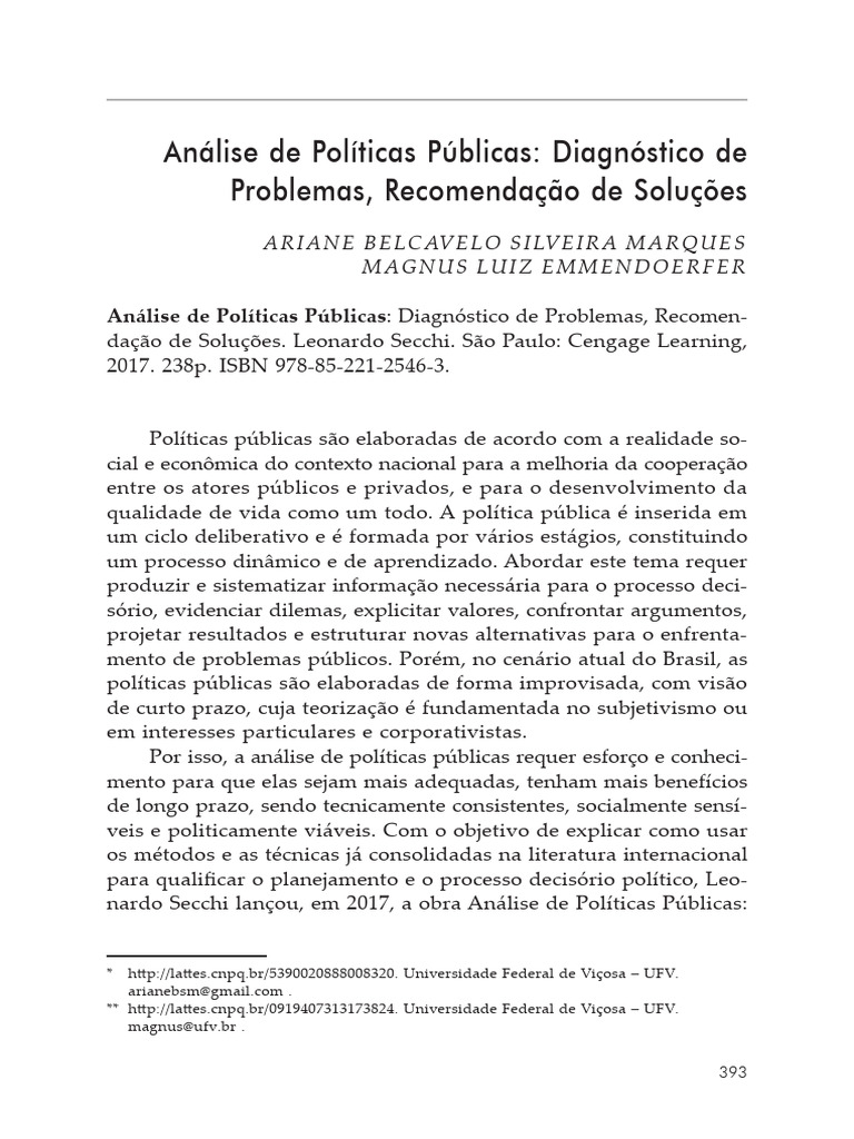 Análise De Políticas Públicas Diagnóstico De Problemas Recomendação