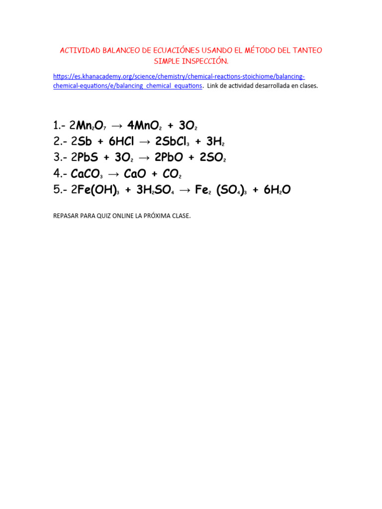 Actividad Balanceo de Ecuaciónes Usando El Método Del Tanteo Simple ...