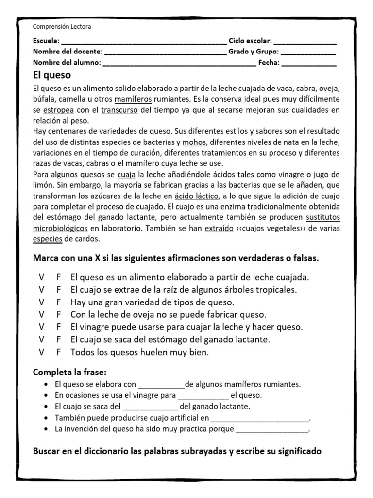 Actividades de Comprensión Lectora Infantil | PDF | Queso | Leche