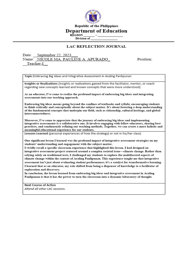 LAC REFLECTION JOURNAL (1st Quarter) | PDF | Teaching Method | Experience