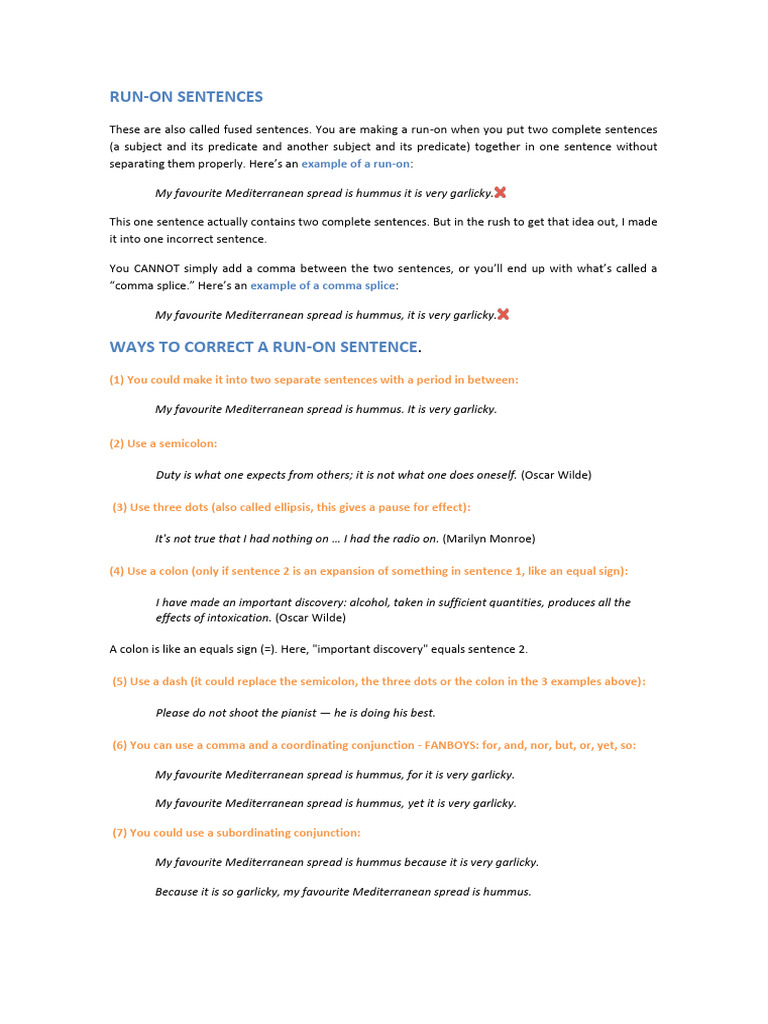 Run On Sentences Notes | PDF | Text | English Grammar