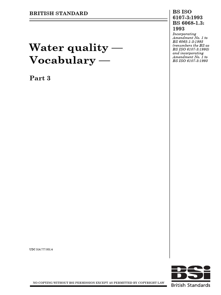Water Quality - Vocabulary - : British Standard Bs Iso 6107-3:1993 BS 6068-1.3: 1993 | PDF ...