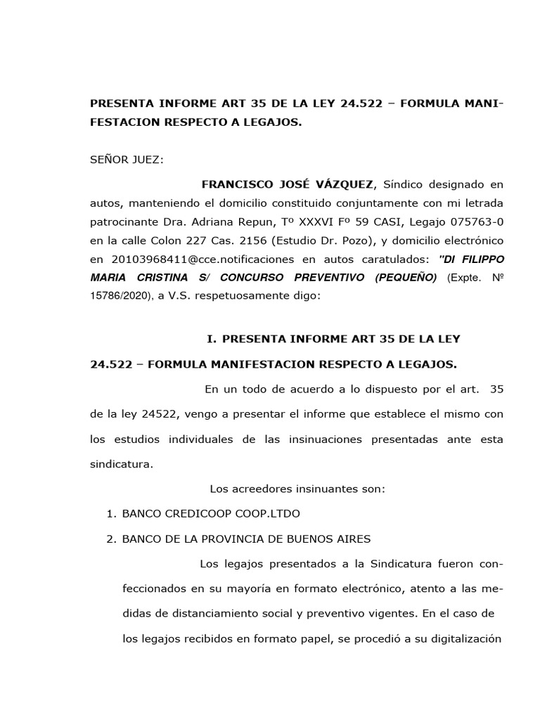 Informe Art 35 Modelo | PDF | Bancos | Interés