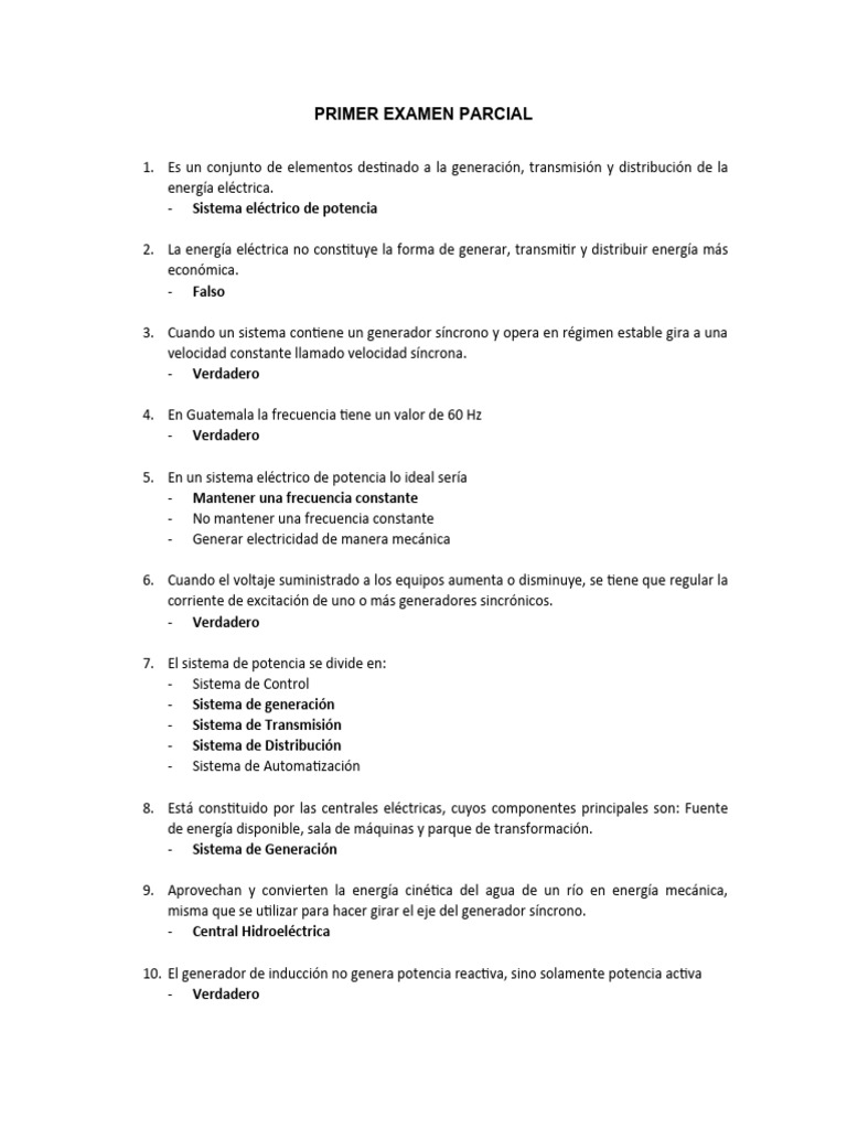 Primer - Examen - Parcial (1) + 10 Preguntas | Descargar gratis PDF | Generador eléctrico ...