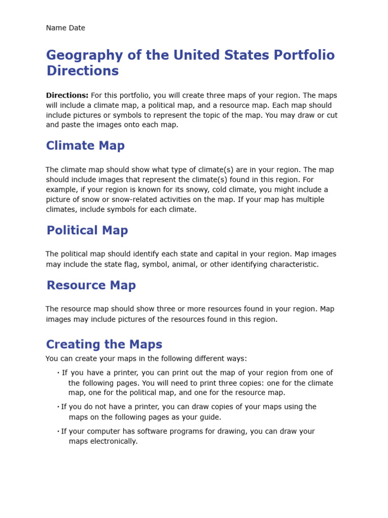 Geography of The United States Portfolio Directions | PDF