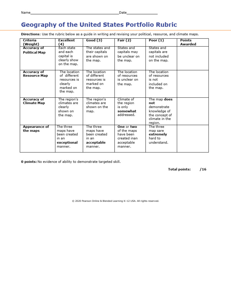 Geography of The United States Portfolio Rubric | PDF | Cognition