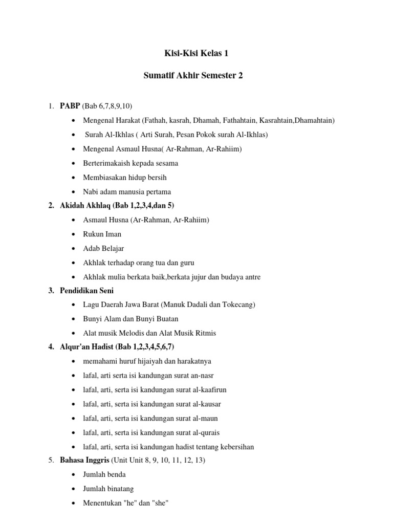 Kisi-Kisi SAT SMT 2 Kelas 1 | PDF