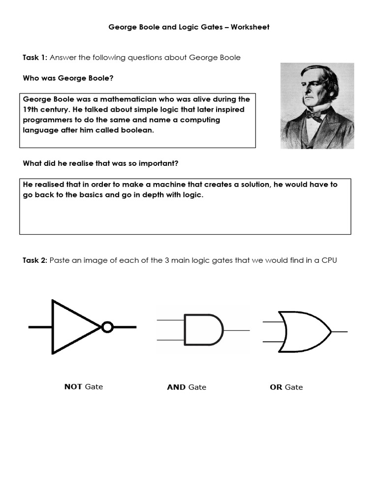 George Boole & Logic Gates Worksheet | PDF | Logic Gate | Electrical ...
