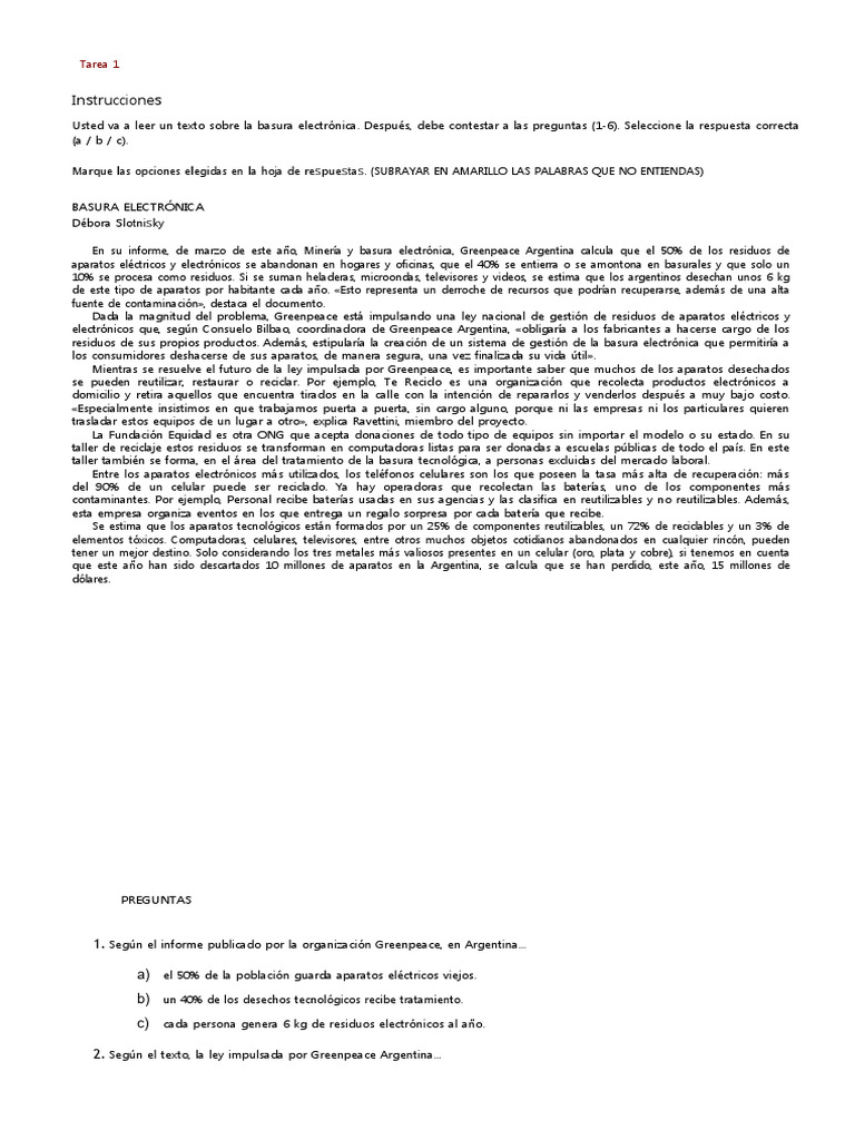 Actvidad 1 Comprension de Lectura | PDF | Residuos | Residuos electrónicos