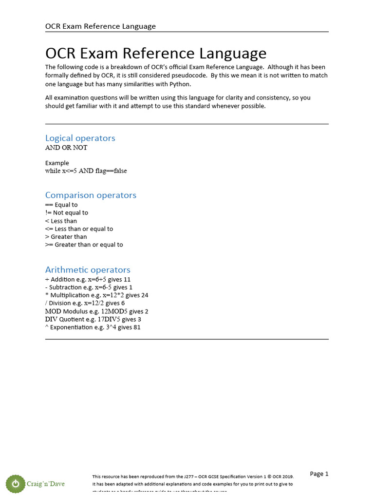 2.1 OCR Reference Language Guide (Exam Pseudocode) | PDF | Variable ... 2.1 OCR Reference Language Guide (Exam Pseudocode) | PDF | Variable ...