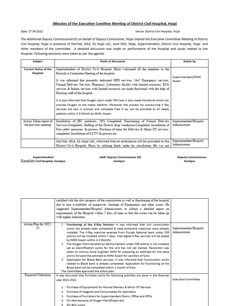Hojai Hospital Executive Meeting Minutes | PDF | Hospital | Medicine