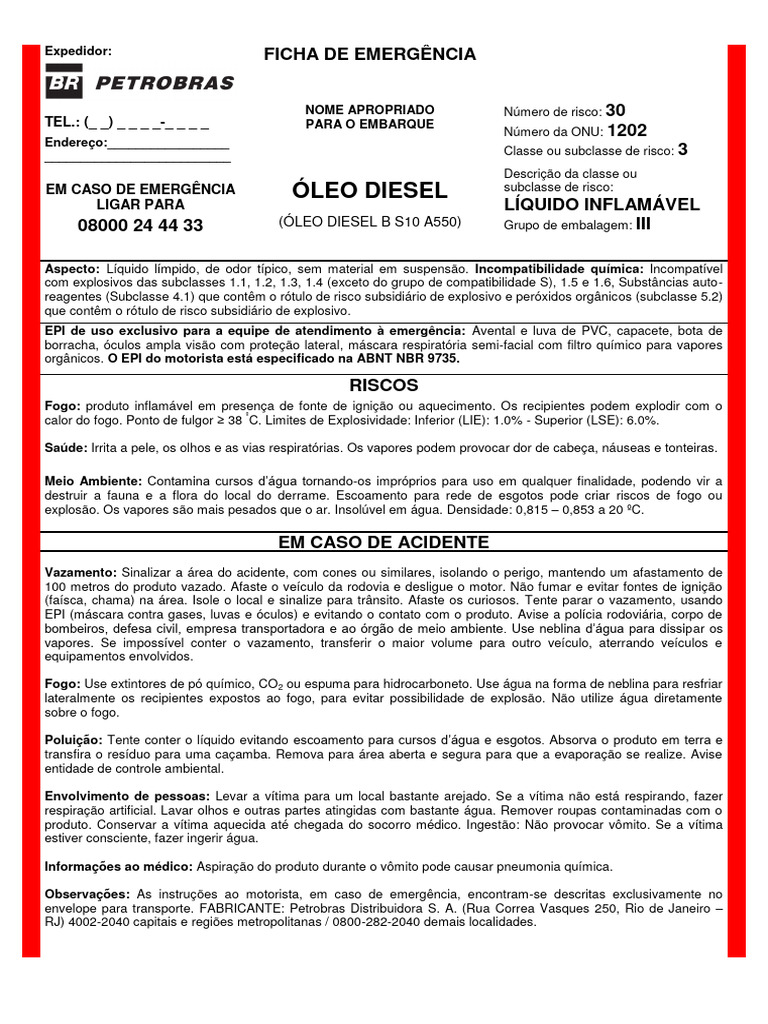 Ficha de Emergência: Óleo Diesel B S10 | PDF | Diesel | Química