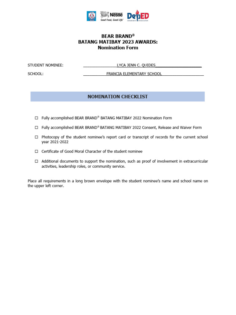 2023 BEAR BRAND Batang Matibay Awards Nomination Form | PDF