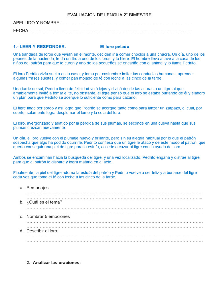 Evaluacion de Lengua 2 | PDF